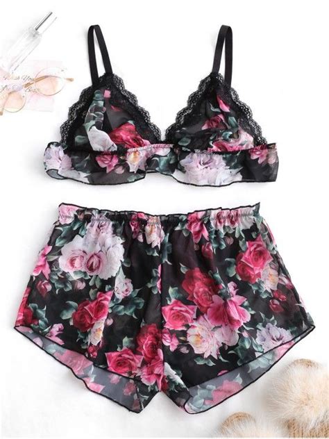 33 Off 2021 Flower Lettuce Trim Lace Insert Pajama Shorts Set In