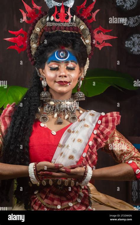 Portrait Of Beautiful Indian Girl Of Durga Idol Agomoni Concept Indoor