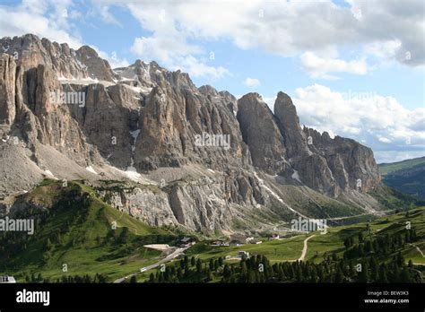 Sella Massif And Passo Gardena In The Italian Dolomites Summer Stock