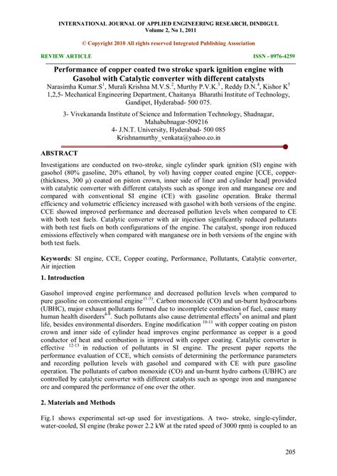 Pdf Performance Of Copper Coated Two Stroke Spark Ignition Engine With Gasohol With Catalytic