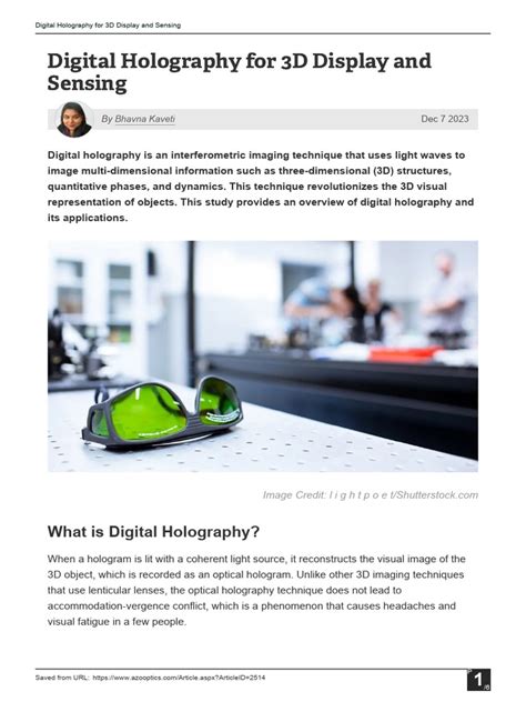 Digital Holography For 3d Display And Sensing Pdf Holography 3 D