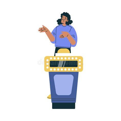 Quiz Game With Young Woman Participant At Button Stand Vector