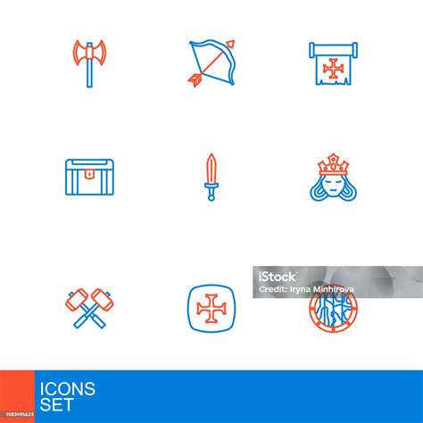 세트 라인 둥근 나무 방패 십자군 교차 전투 망치 공주 또는 여왕 골동품 보물 상자 중세 검 활과 화살 아이콘 벡터 The
