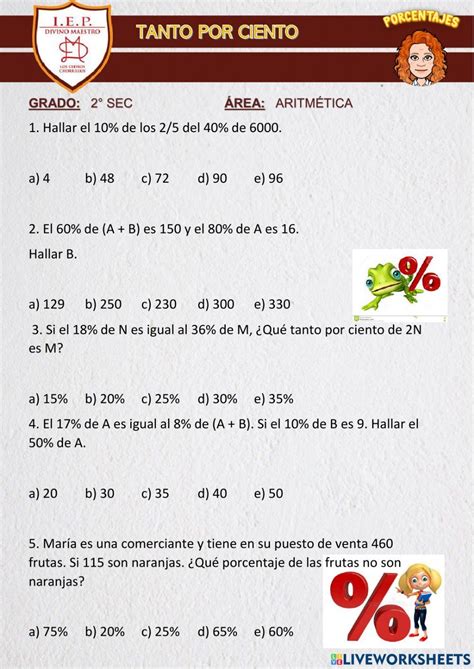Tanto Por Ciento Online Activity For Aritmetica Live Worksheets