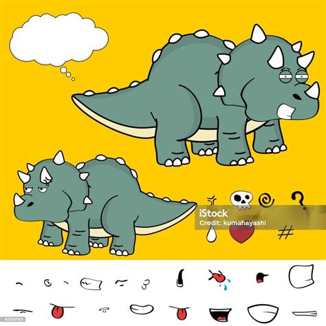 Ilustración De Lindo Bebé Triceratops Dibujos Animados Expresiones Set0