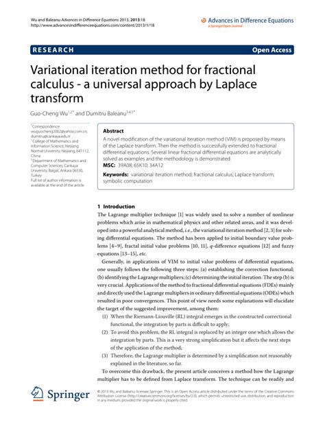 Pdf Variational Iteration Method For Fractional Calculus A Universal Approach By Laplace