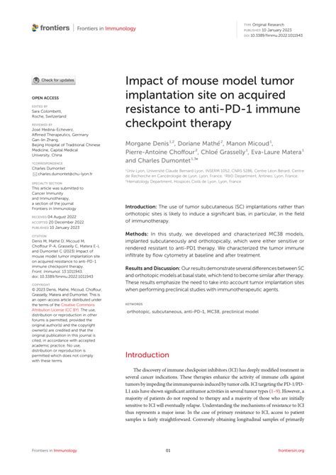 PDF Impact Of Mouse Model Tumor Implantation Site On Acquired