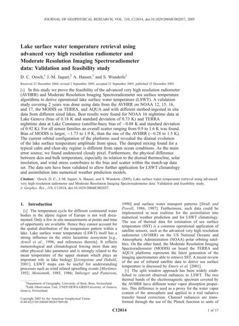 Pdf Lake Surface Water Temperature Retrieval Using Advanced Very High