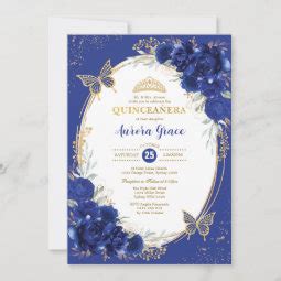 Royal Blue Gold Quinceañera Floral Butterfly Tiara Invitation Zazzle
