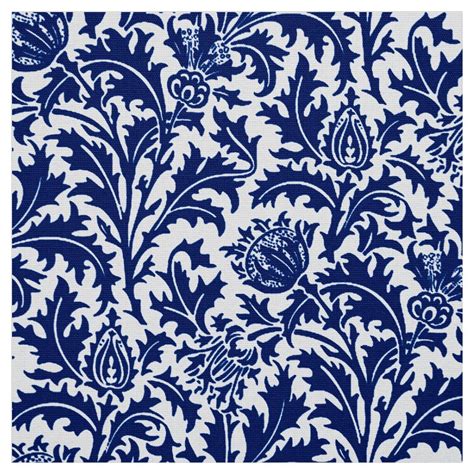 William Morris Thistle Damask Cobalt Blue And White Fabric White