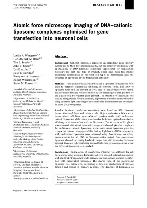 Pdf Atomic Force Microscopy Imaging Of Dna Cationic Liposome Complexes Optimised For Gene