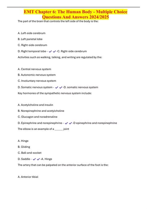 Emt Chapter 6 The Human Body Multiple Choice Questions And Answers 2024 2025 Emt Chapter 6