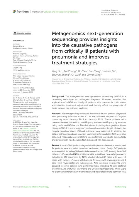 Pdf Metagenomics Next Generation Sequencing Provides Insights Into The Causative Pathogens