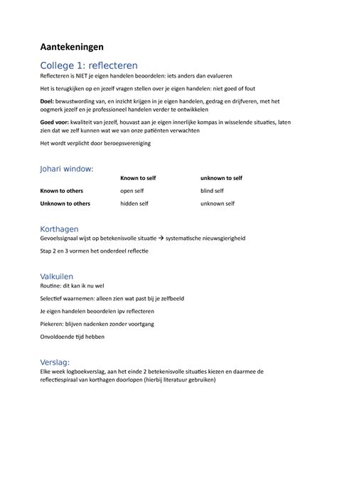 Aantekeningen Aantekeningen College 1 Reflecteren Reflecteren Is