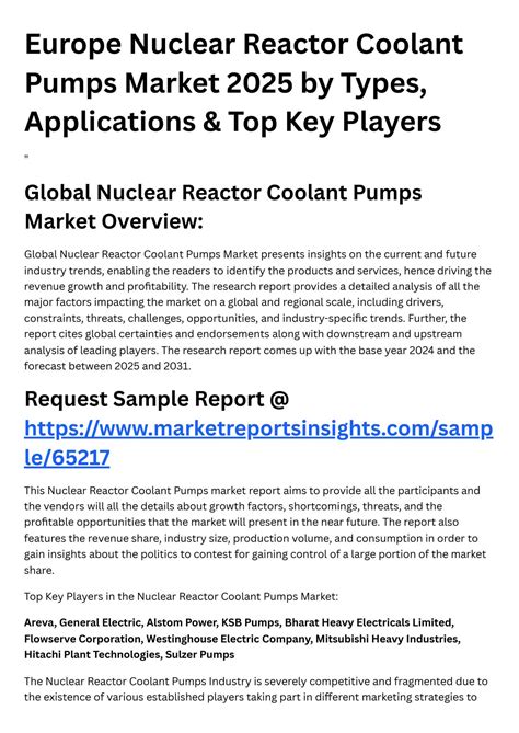 Europe Nuclear Reactor Coolant Pumps Market 2025 By Types Applications