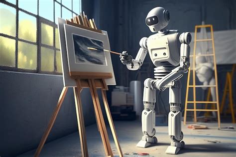 Робот-художник с искусственным интеллектом рисует или генерирует ...