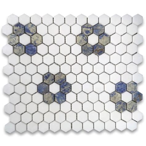 Thassos White Marble 1 Inch Hexagon Rosette Mosaic Tile W Azul