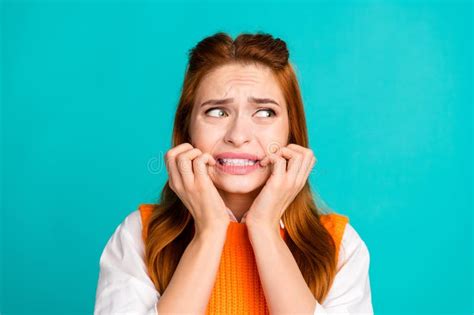 Photo Portrait Of Pretty Young Girl Bite Nails Scared Empty Space Wear