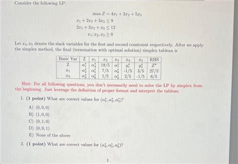 Solved Consider The Following Lp