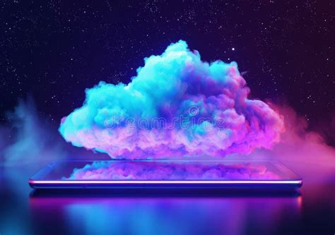 Futuristic Cloud Computing Concept With Neon Lights And Digital Tablet In A Starry Night Sky
