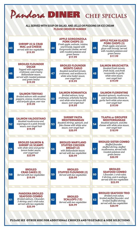 Williamstown Full Menu Pandora Diner New Jersey Diners