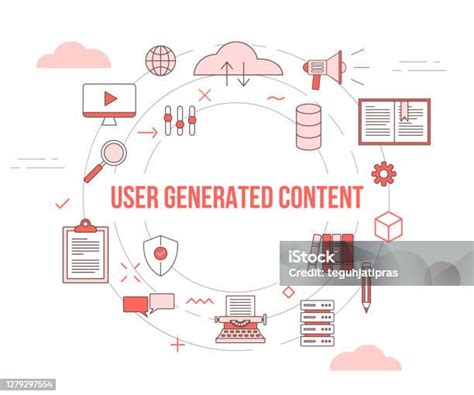 Ugc 사용자는 현대 오렌지 색상 스타일과 원 모양아이콘 세트 템플릿 배너와 콘텐츠 개념을 생성 개념에 대한 스톡 벡터 아트 및