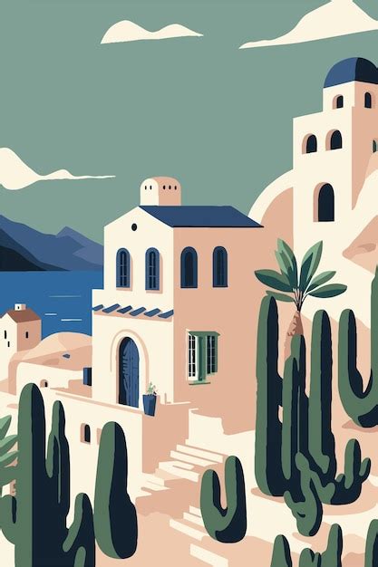 Premium Vector Santorini Island Travel Vector Flat Color Illustration