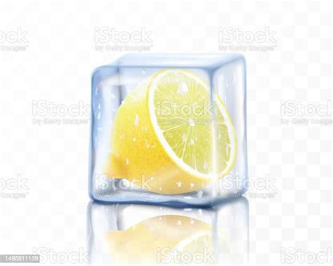 얼음 조각에 담긴 신선한 잘 익은 레몬 반쪽이 투명한 배경에 분리되어 있다 냉동 레몬 사실적인 3d 벡터 일러스트레이션 3차원