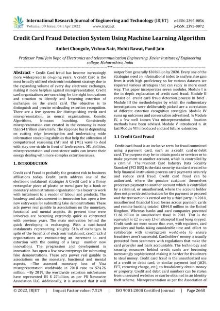 Credit Card Fraud Detection System Using Machine Learning Algorithm