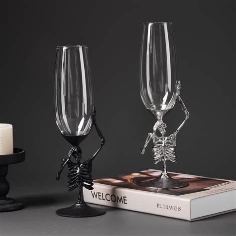 Vintage Metal Skeleton Champagne Glasses Gothic Skull Toasting Flutes