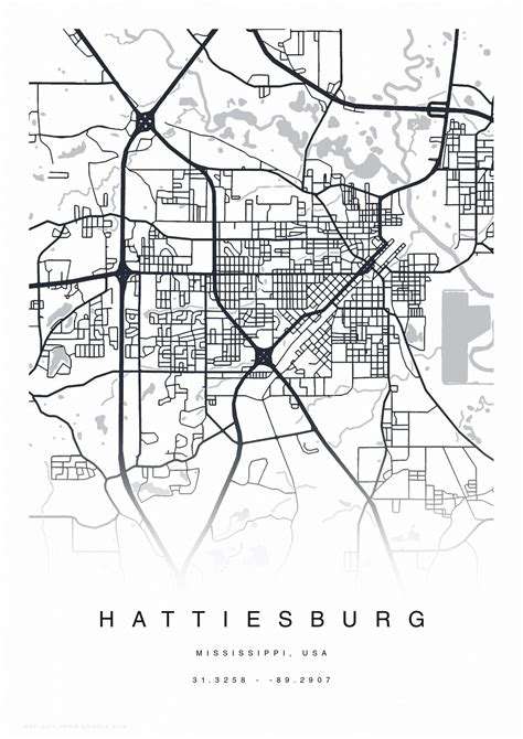 Printable Hattiesburg Map Print Street Map Of Hattiesburg Etsy