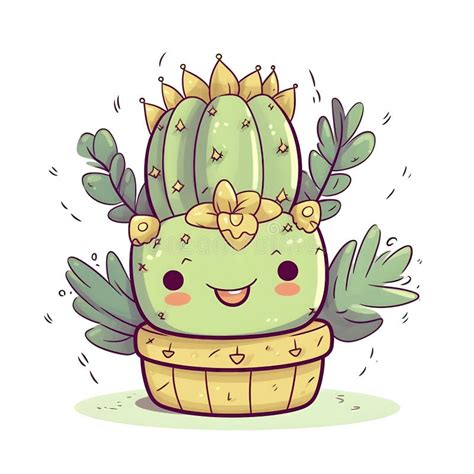 Cute Kawaii Happy Cactus Or Succulent With Crown Of Flowers In A Pot
