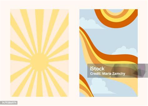 Groovy Retro Backgrounds Pack With Blue Sky And Sun Clouds And Rainbow