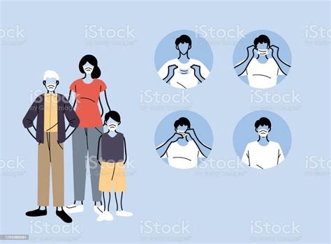 마스크를 바르게 착용하는 방법 의료용 마스크를 착용하는 올바른 방법을 제시하는 남성 감기와 독감에 대한 스톡 벡터 아트 및 기타
