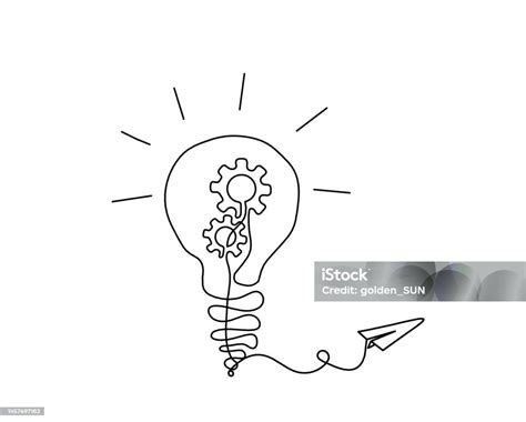 추상 둥근 금속 기어 바퀴는 전구와 종이 비행기를 흰색 배경에 선 그리기로 사용합니다 팀워크의 개념 0명에 대한 스톡 벡터 아트