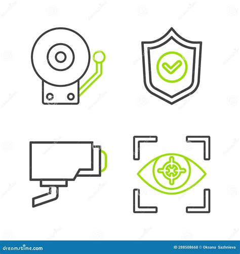 Set Line Eye Scan Security Camera Shield With Check Mark And Ringing Alarm Bell Icon Vector