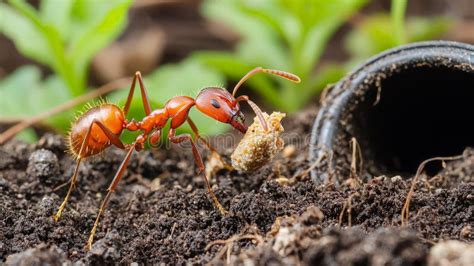 Red Ant Carrying Food Back To Nest Stock Image Image Of Fauna