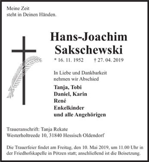 Traueranzeigen Von Hans Joachim Sakschewski Trauerportal Ihrer Tageszeitung