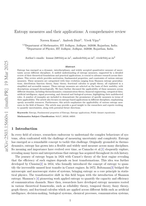 Pdf Entropy Measures And Their Applications A Comprehensive Review