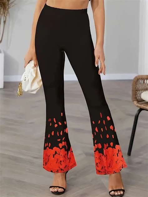 Rose Floral Print Flare Leg Pants Elegant High Waist Temu Australia