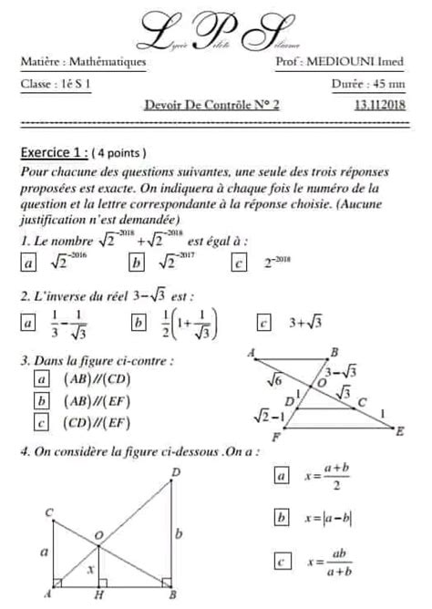 1ère Année Secondaire Math Devoir De Controle N°2 Avec Une Correction