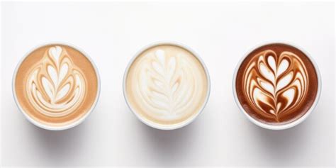 Premium Photo Set Of Paper Takeaway Cups Of Different Latte Art Isolated On A White Background