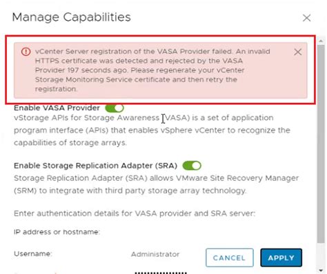vasa provider registration fails with an invalid certificate