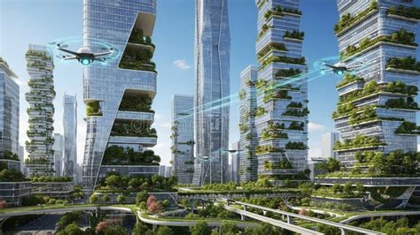 Futuristic City With Vertical Gardens And Flying Drones Stock
