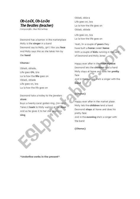 Music Activity Ob La Di Ob La Da The Beatles Esl Worksheet By