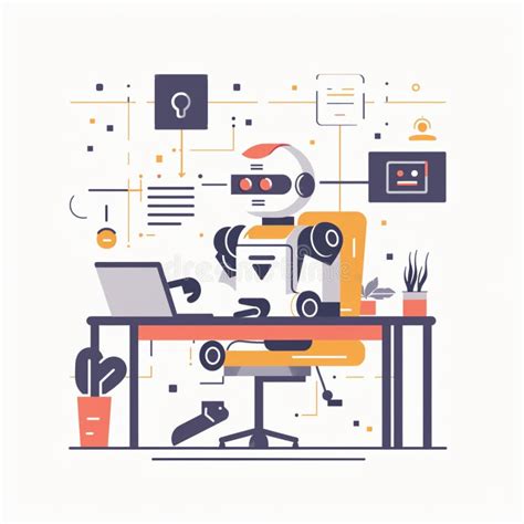 Robot At Office Working At The Computer Robot Office Worker Robotics Concept Flat