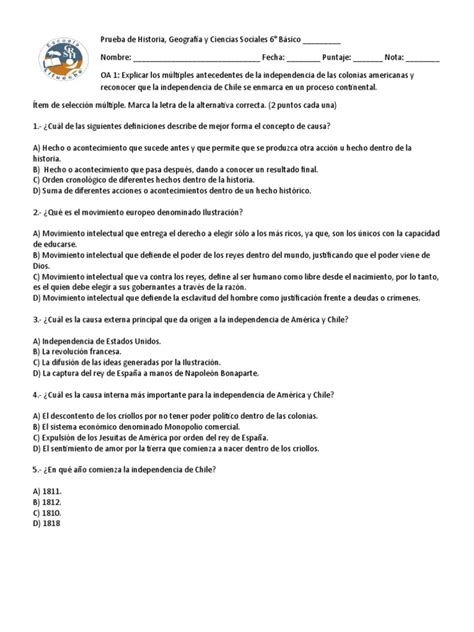 Prueba De Historia 6° 1 Pdf Américas Chile