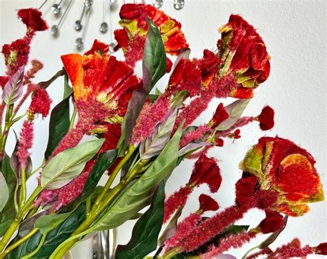 Cockscomb Faux Spray Long Stem Red Artificial Wild Celosia Cristata