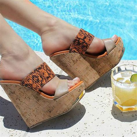 Shoespie Trendy Orange Wedge Heel Slip On Serpentine Slippers