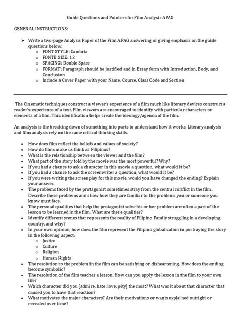 Guide Questions And Pointers For Film Analysis Apag Ssc 002 Pdf Experience Critical Thinking